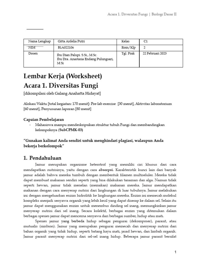Gitta Ardelia Putri - Acara 1. Diversitas Fungi - Worksheet | PDF ...