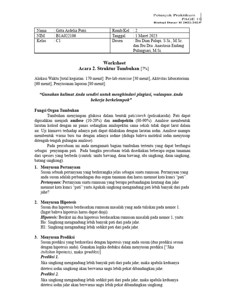 Gitta Ardelia Putri - Worksheet Acara 2. Struktur Tumbuhan | PDF