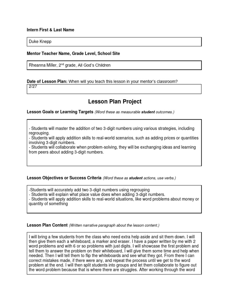 3-Digit Addition Lesson Plan for 2nd Grade | PDF | Lesson Plan | Pedagogy