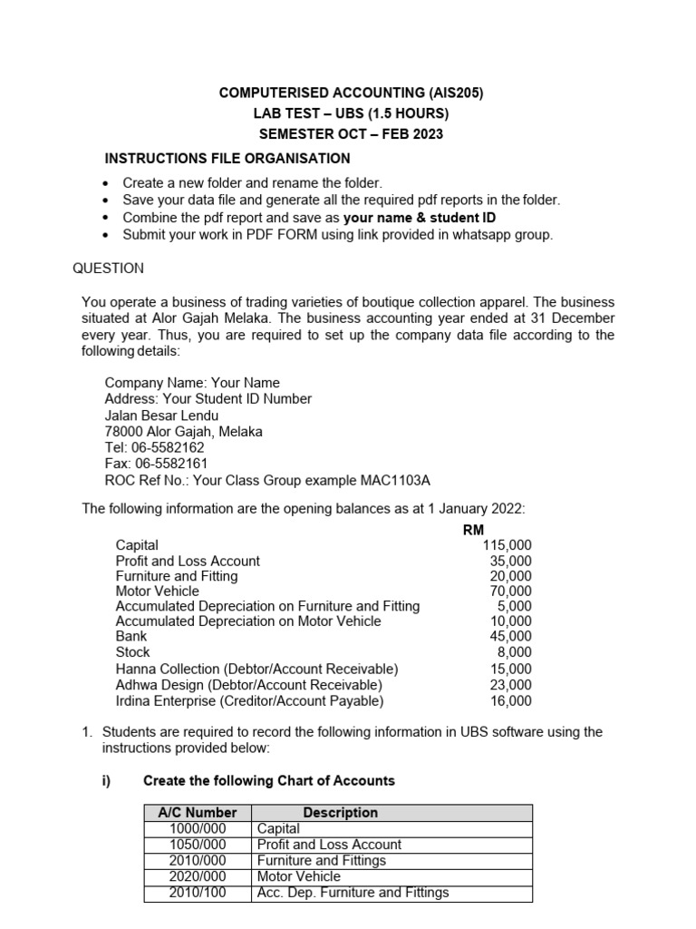 Computerised Accounting (Ais205) Lab Test - Ubs (1.5 Hours) Semester ...