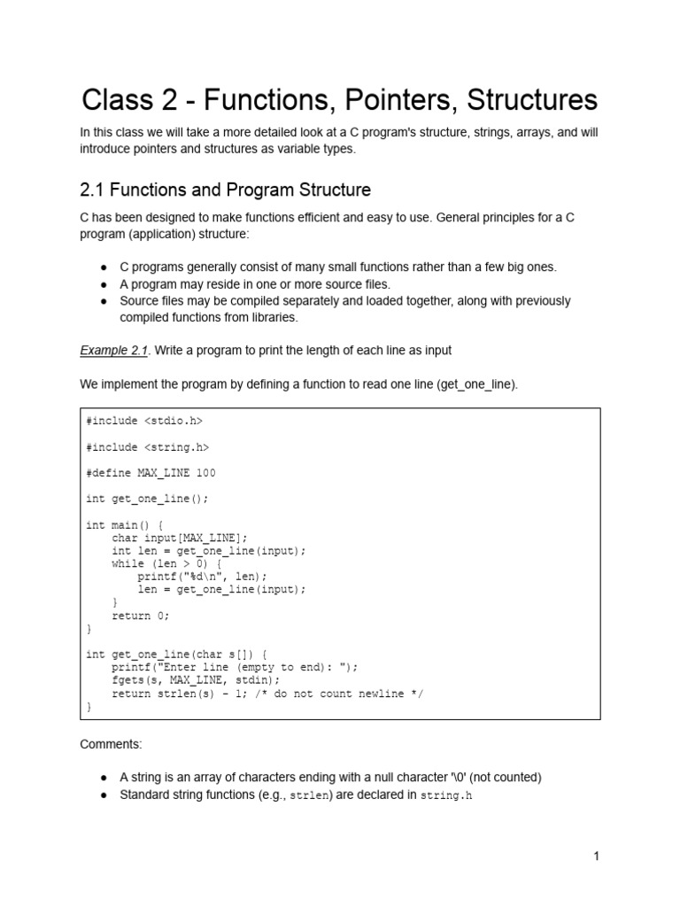 Class 2 - Functions, Pointers, Structures | PDF