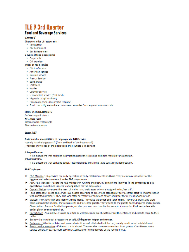 Tle 9 Reviewer F&B Services | PDF