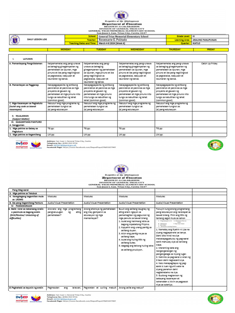 DLL - AP4 - Q3 - W6 Nasusuri Ang Mga Programa NG Pamahalaan Pangedukasyon | PDF
