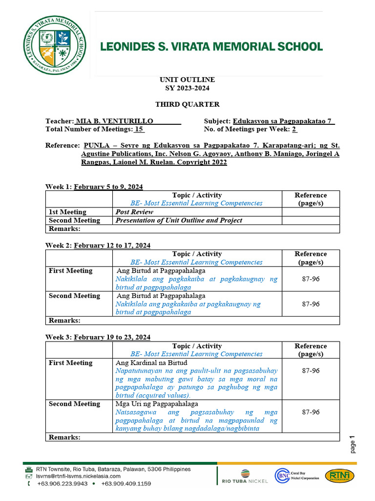 EsP7 3rd Quarter Unit Outline 2023-2024 | PDF