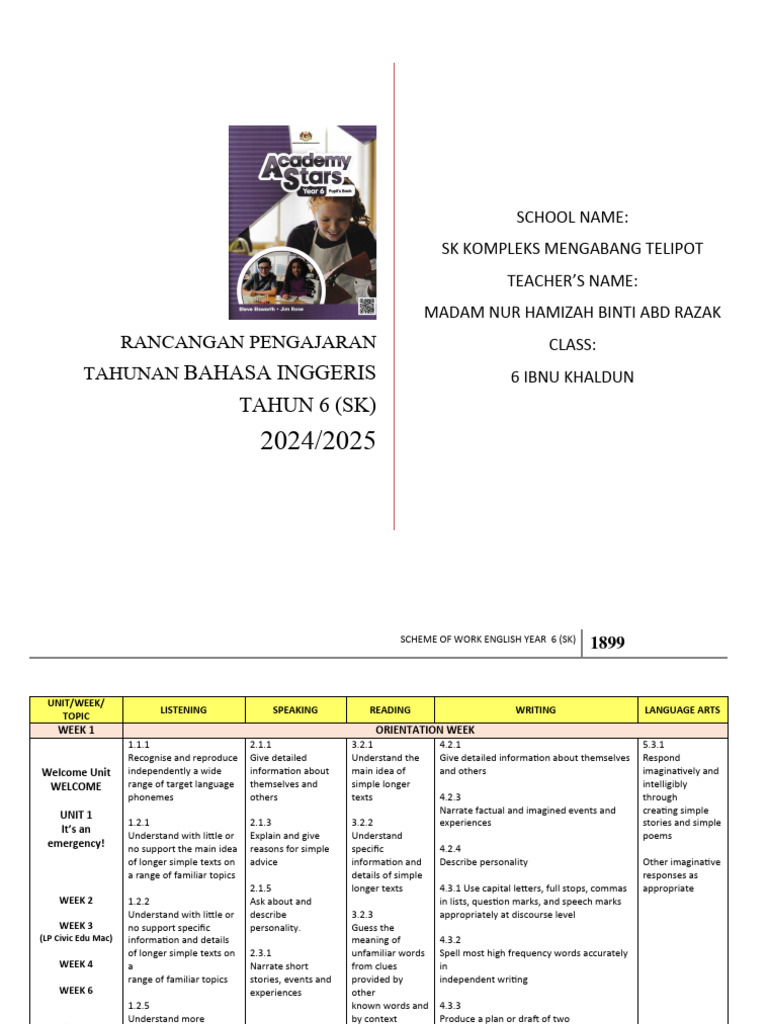 RPT English Year 6 (SK) 2024-2025 by Rozayusacademy | PDF | English ...