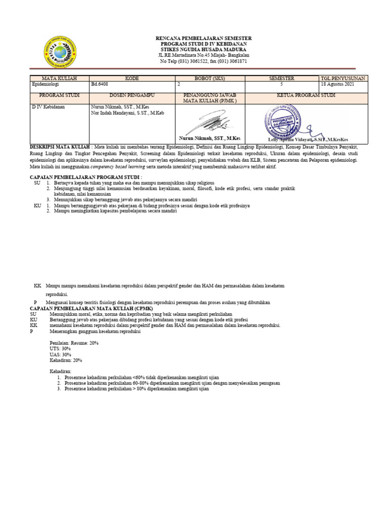 Rps Epidemiologi d4 Kebidanan 2021 2022 | PDF