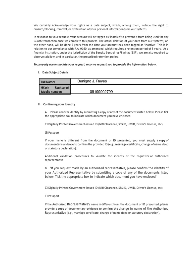 GCash Account Deletion Request Form | PDF | Identity Document | Government