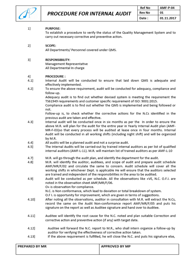 Amf-P-04 Procedure For Internal Audit | PDF | Audit | Internal Audit
