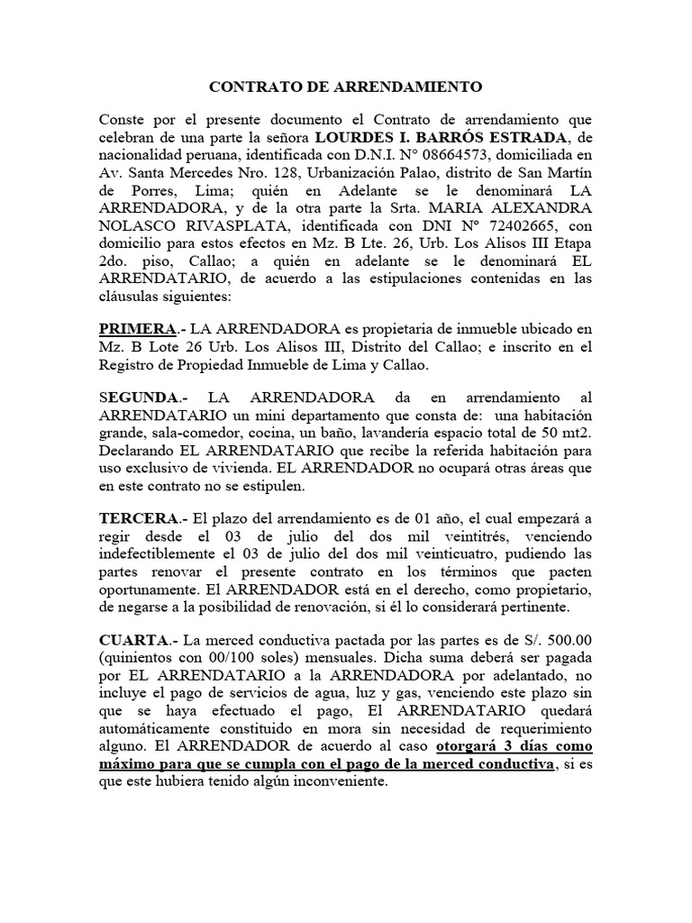 Contrato de Arrendamiento de Maria Nolasco | PDF | Derecho civil ...