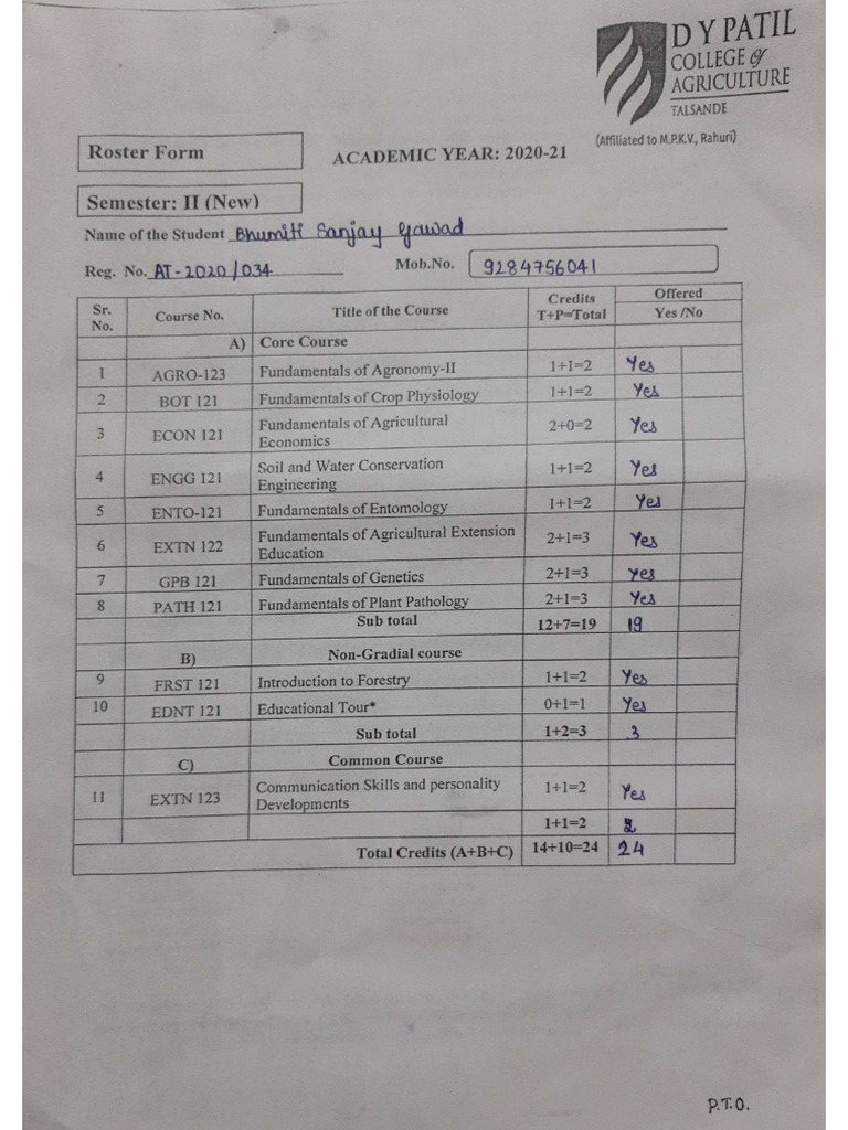 Bhumiti Sanjay Gawad At-2020-034 Roaster Form | PDF