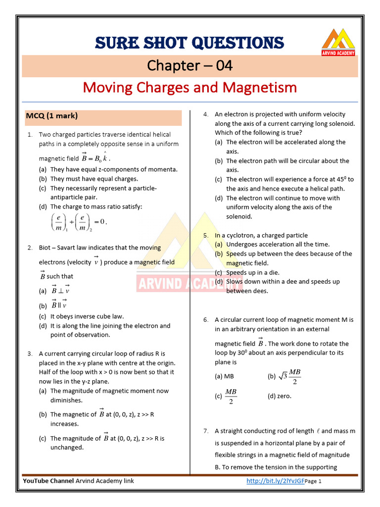 Question Chap 4-Moving Charge and Magnetism | PDF | Science & Mathematics