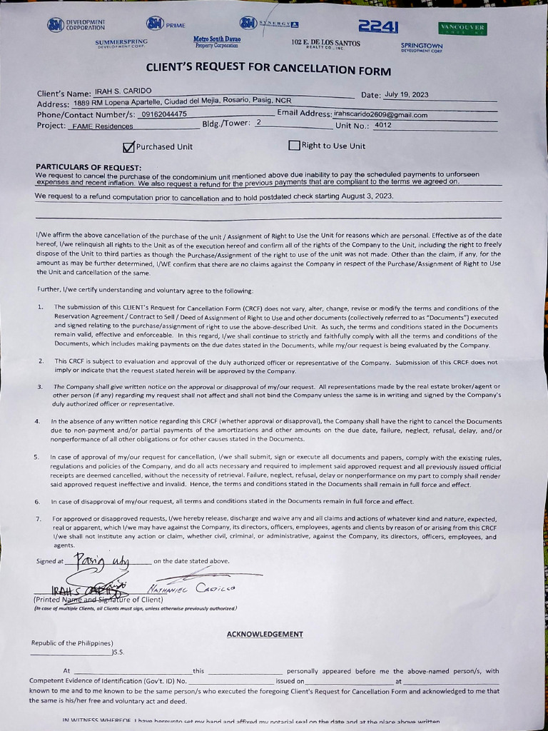 Cancellation Form, Irah Carido, FAME | PDF