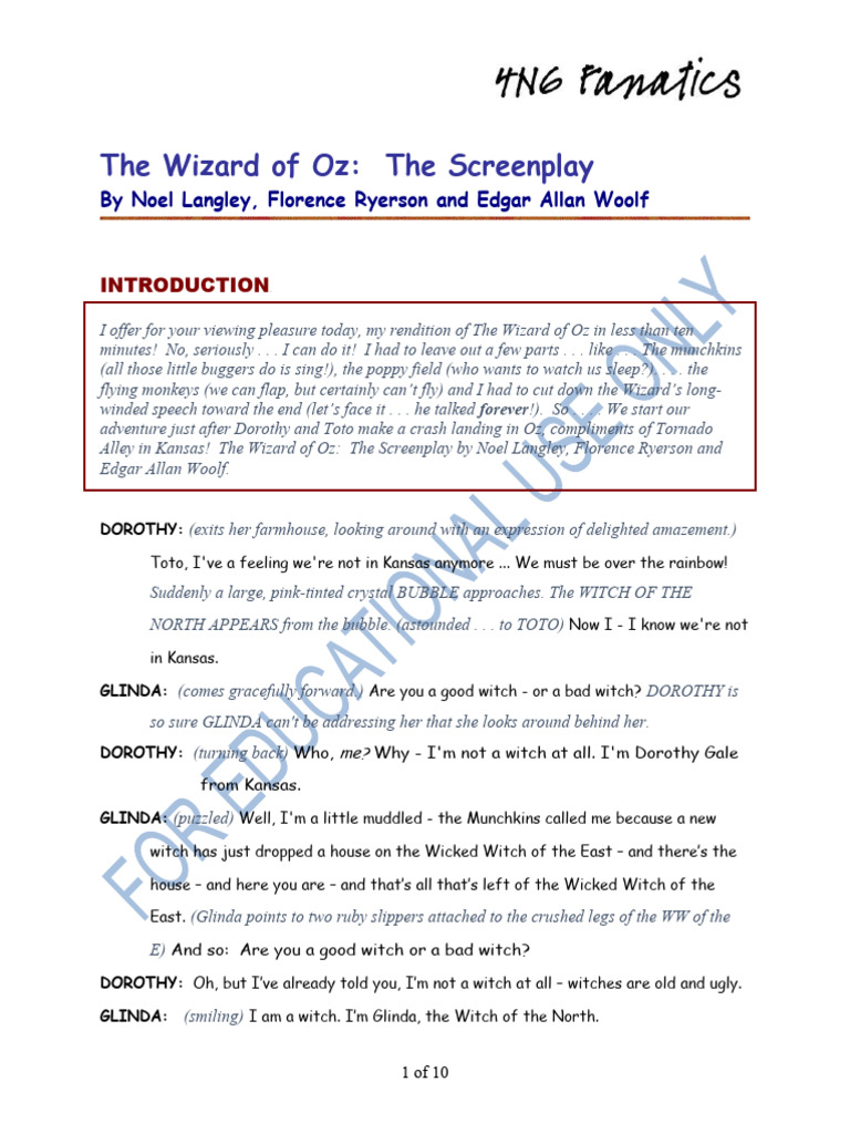 Wizard of Oz - The Screenplay | PDF