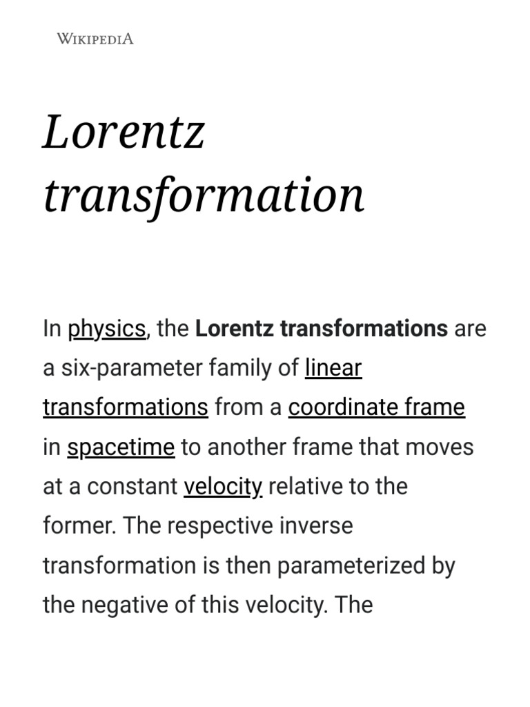 Lorentz Transformation - Wikipedia | PDF | Special Relativity | Spacetime