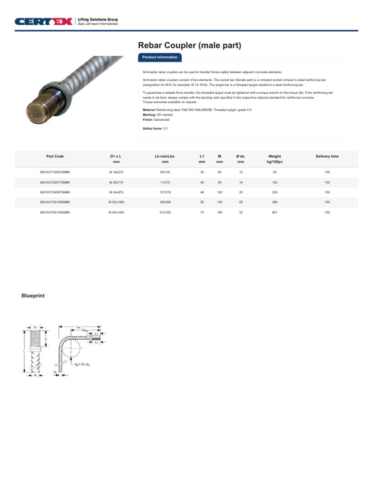 Rebar Coupler Male Part Specs | PDF