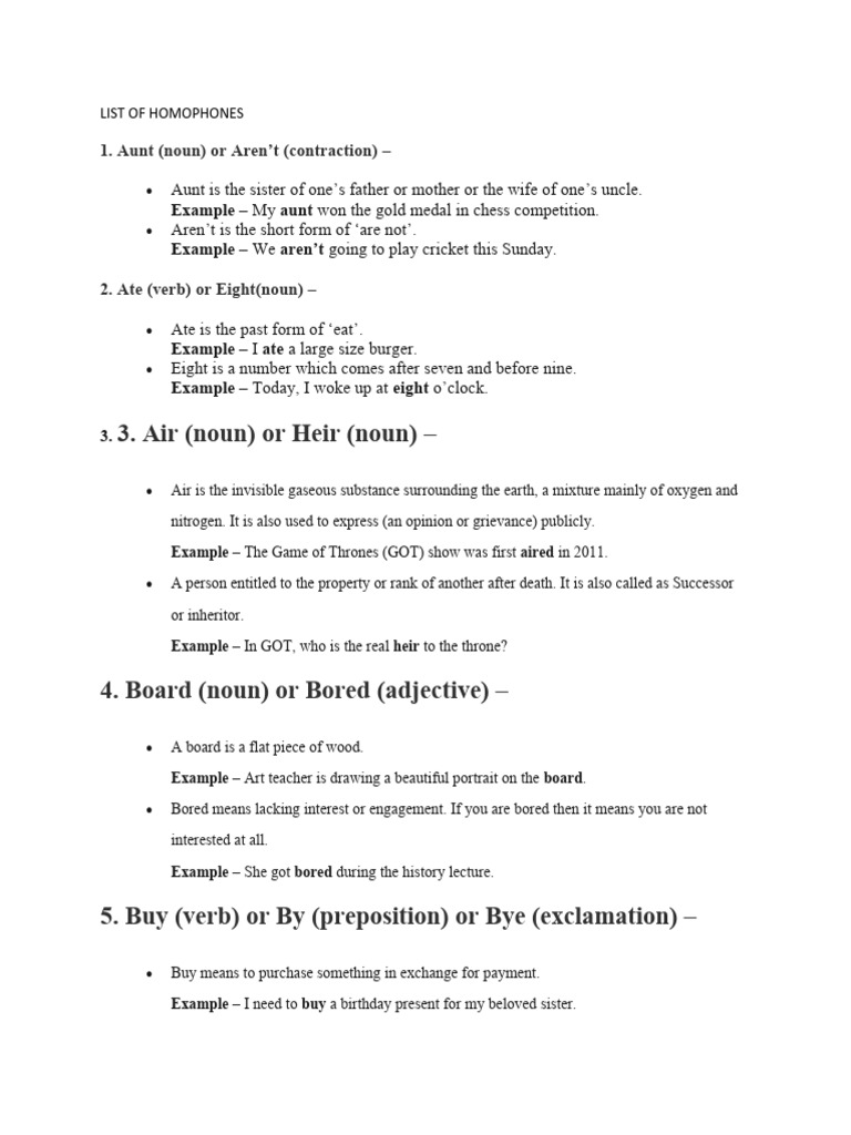 LIST OF HOMOPHONES | PDF