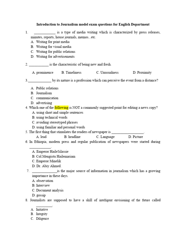 Introduction To Journalism Model Exam Questions For English Department7 ...
