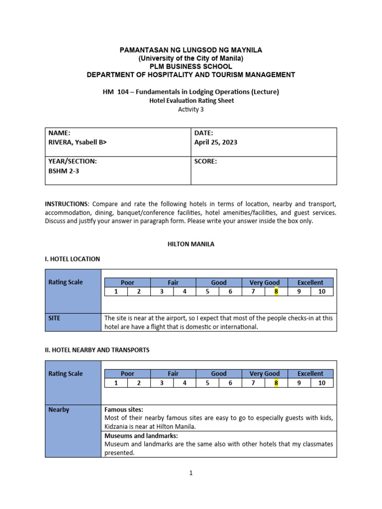 Rivera, Ysabell B. (Hotel Evaluation Rating Sheet - Activity 3) | PDF