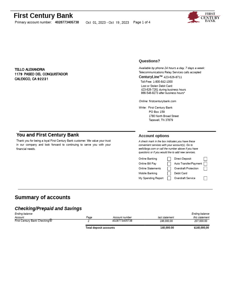 First Century Bank Oct Statement | PDF | Overdraft | Transaction Account
