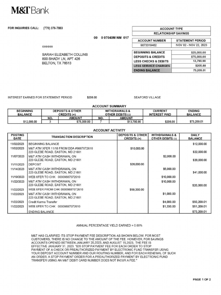 M&T Bank Statement Nov | PDF