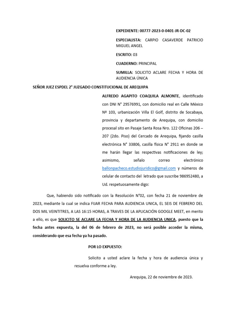 Solicito Aclare Fecha y Hora de Audiencia | PDF