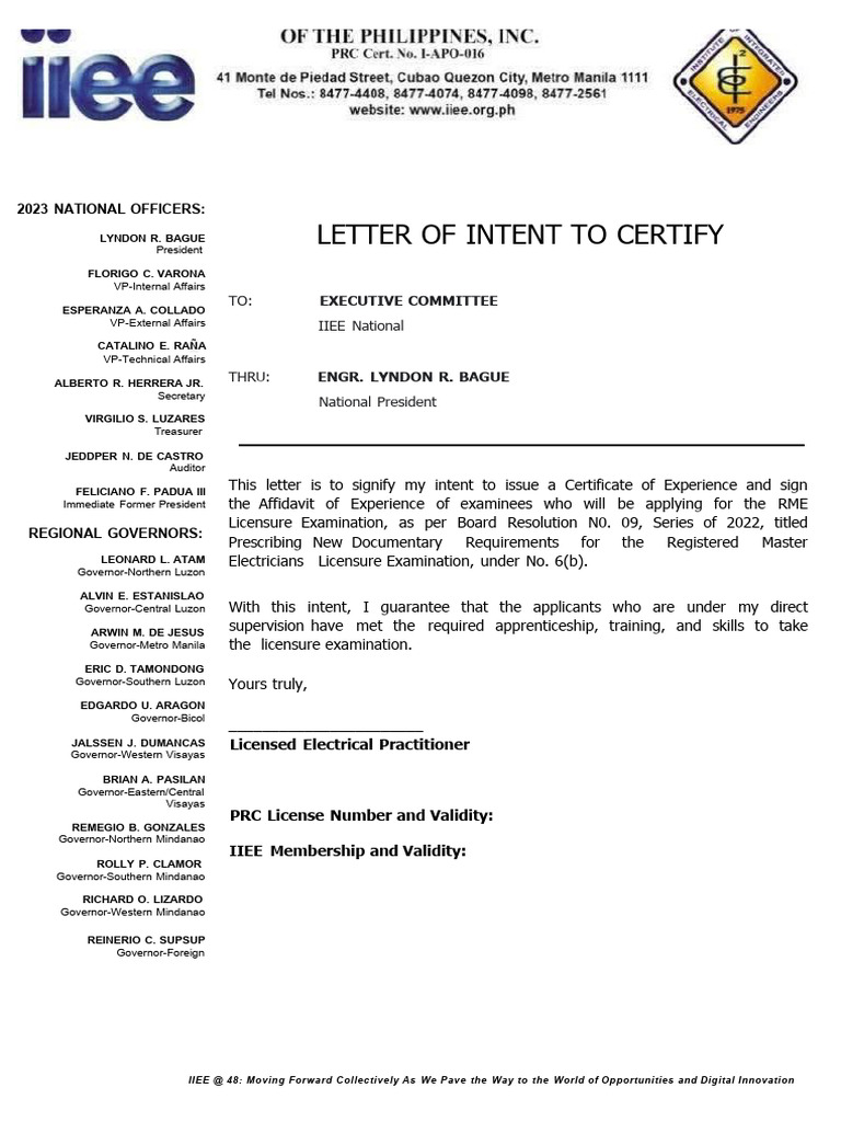 Letter of Intent To Certify: To: Executive Committee IIEE National ...