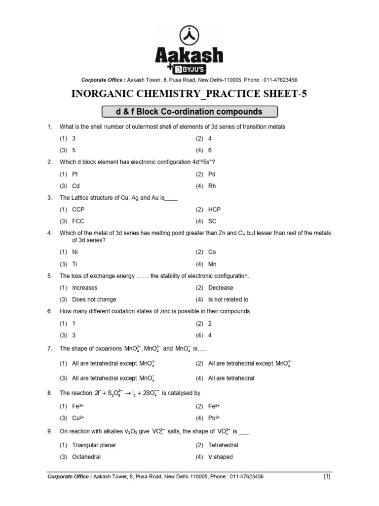 Inorganic Chemistry - Practice Sheet-5 - Only Question | PDF
