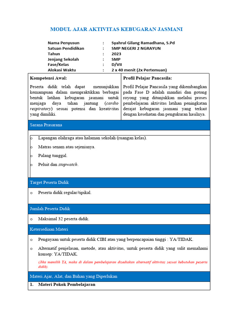 Modul Ajar Aktivitas Kebugaran Jasmani SMP Kelas 7 | PDF