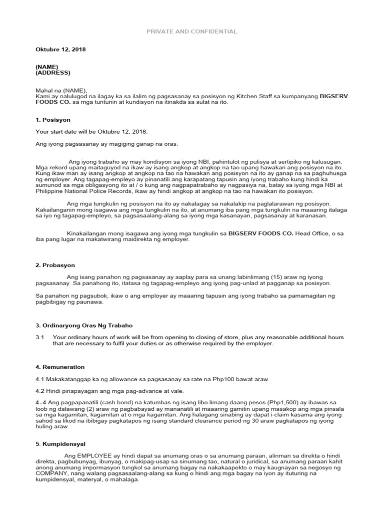 Training Agreement TAGALOG | PDF