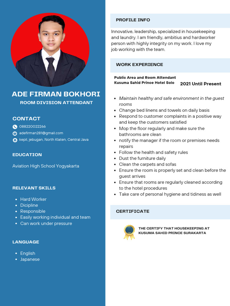 CV Ade Firman Bukhori | PDF | Housekeeping | Secondary Sector Of The ...