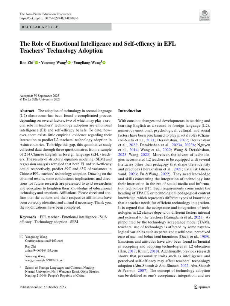 The Role of Emotional Intelligence and Self Efficacy in EFL Teachers ...