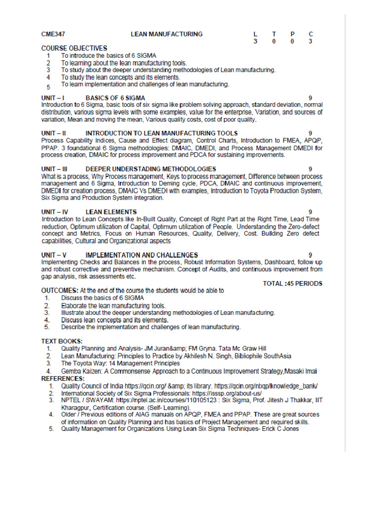 Lean Manufacturing Syllabus | PDF