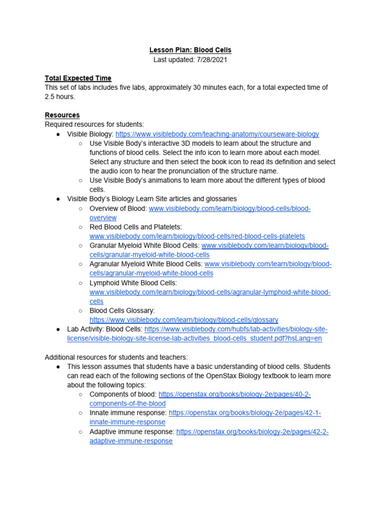 Bio Learn Lesson Plan Blood Cells | PDF | White Blood Cell | Science