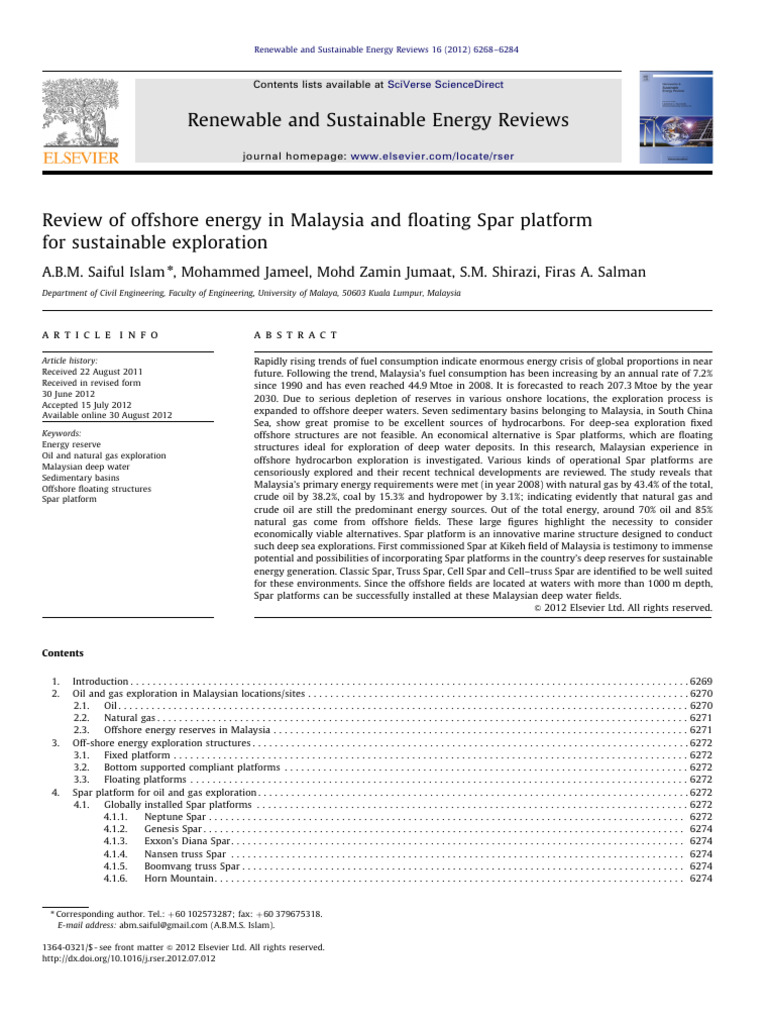 Review of Offshore Energy in Malaysia and Floating Spar Platform For ...