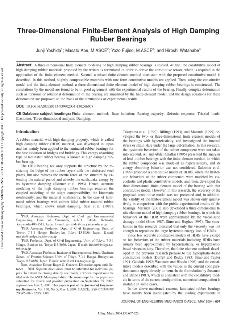 Three-Dimensional Finite-Element Analysis of High Damping Rubber Bearings | PDF