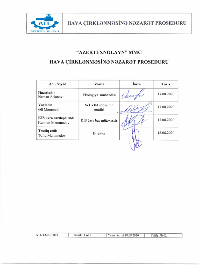 Atl-Ems-P-001 (02) Hava Çi̇rklənməsi̇nə Nəzarət Proseduru | PDF