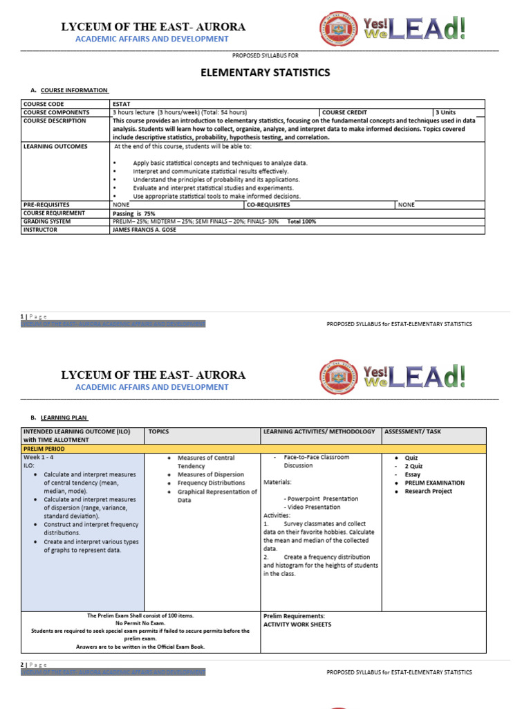 Proposed Syllabus for Elementary Statistics | PDF | Statistics ...