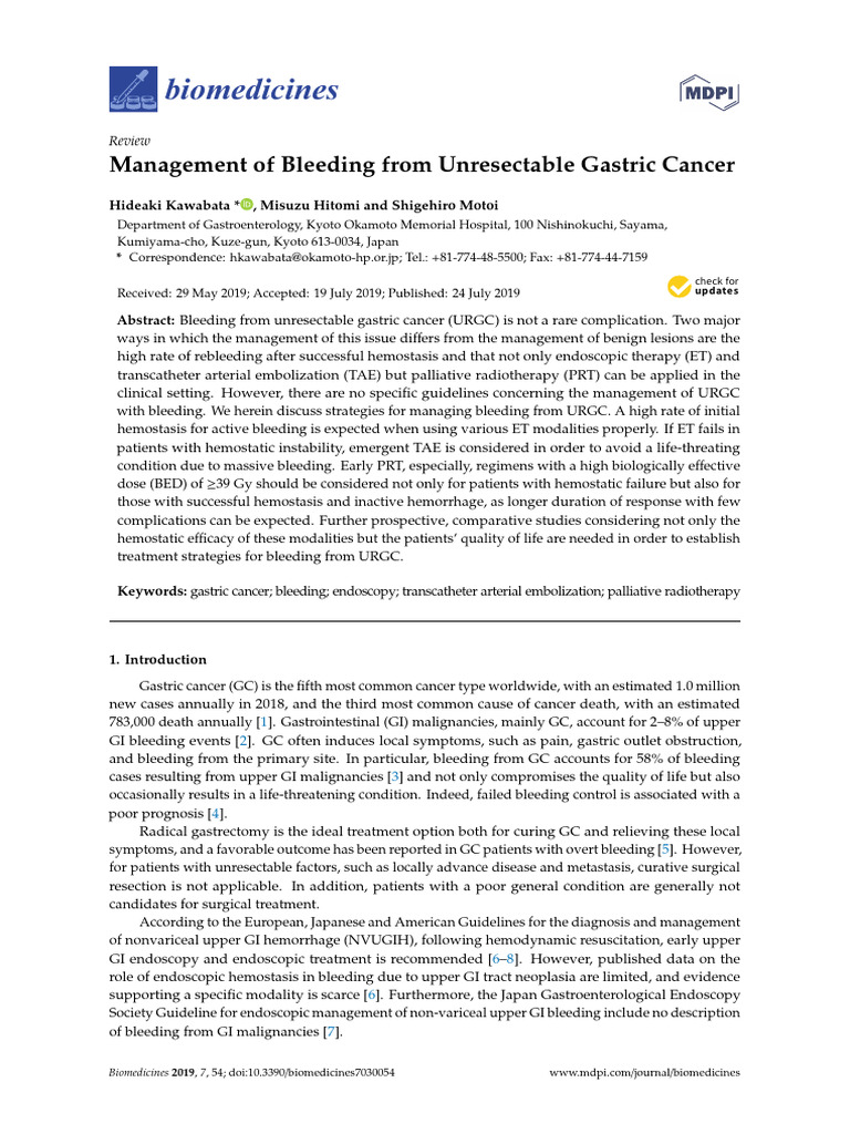 Managing Bleeding in Unresectable Gastric Cancer | PDF | Hemostasis ...