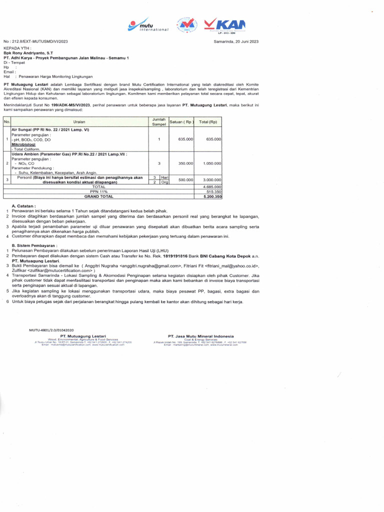 Surat Penawaran PT. Mutu Agung Lestari | PDF