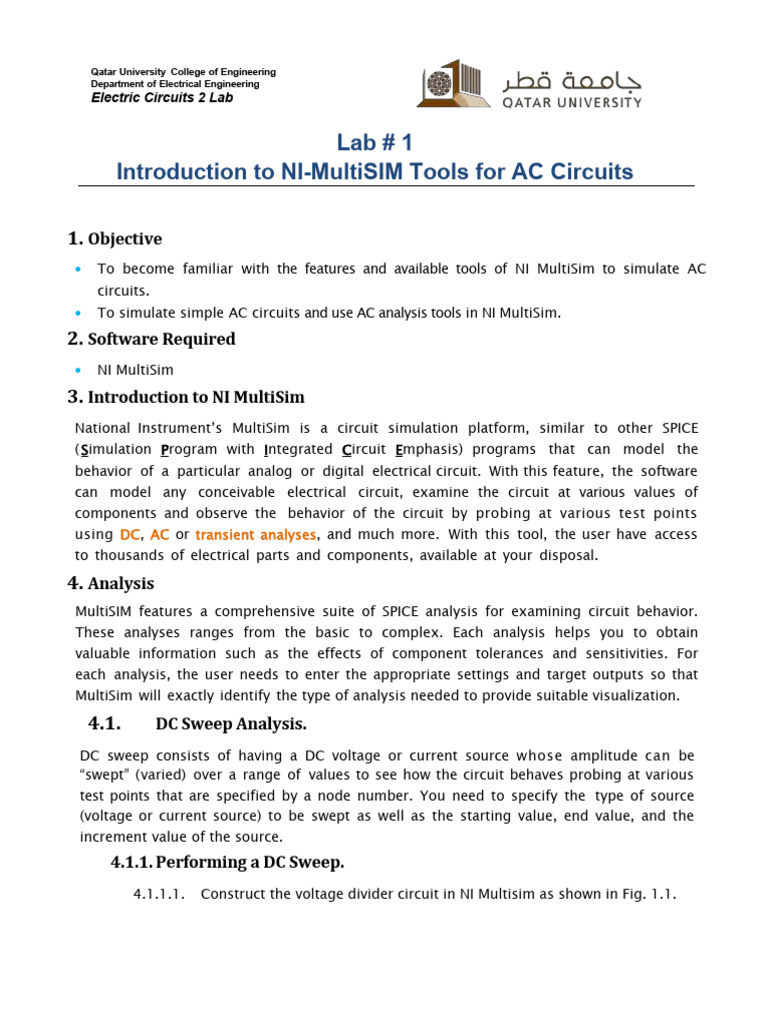 Lab 1 - Introduction To NI MultiSim Tools For AC Circuits | PDF | Electrical Network | Spice