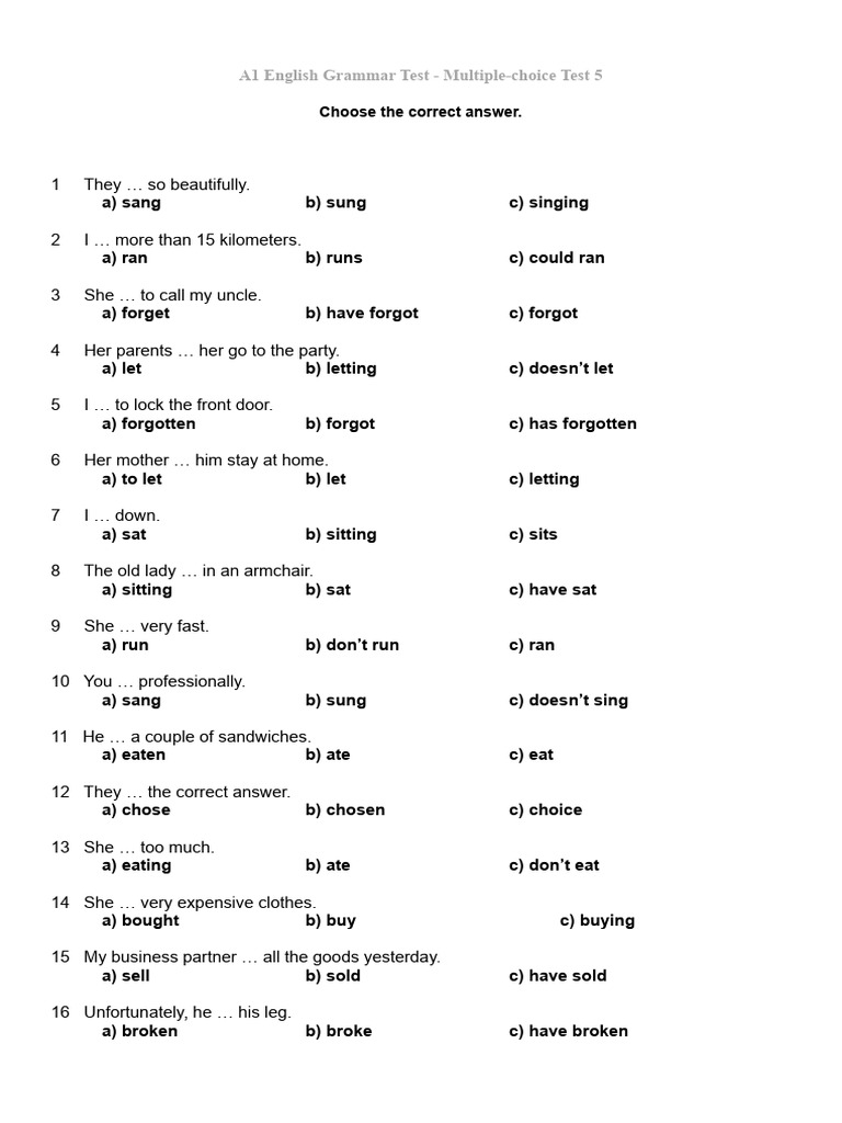 A1 English Grammar Test: Multiple Choice | PDF