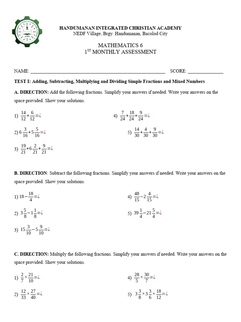 1ST MONTHLY - MATH 6 (6 Copies) | PDF | Mathematics | Arithmetic