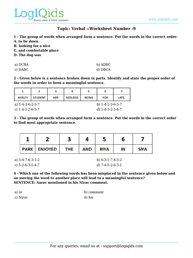 Topic: Verbal::Worksheet Number:9: A) Dcba B) Adbc C) Dabc D) Dbca | PDF