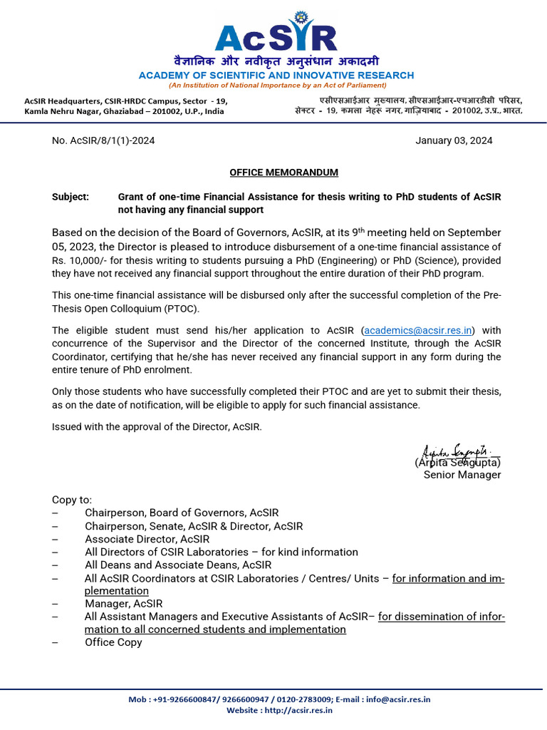 AcSIR OM (03.01.2024) - Grant of One-Time Financial Assistance For PHD Thesis Writing | PDF ...