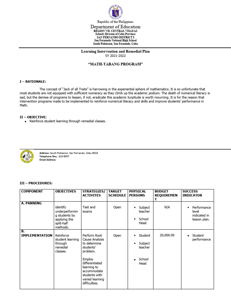 Intervention Plan | PDF | Teachers | Education Theory