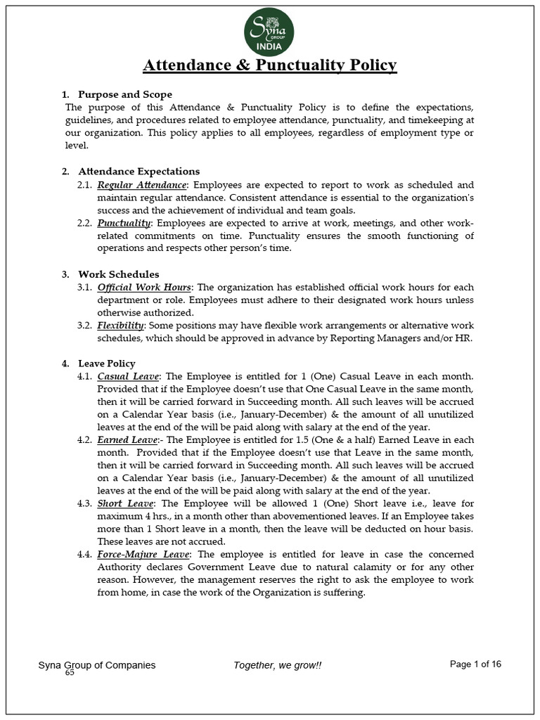 Attendance & Punctuality Policy | PDF | Employment | Business