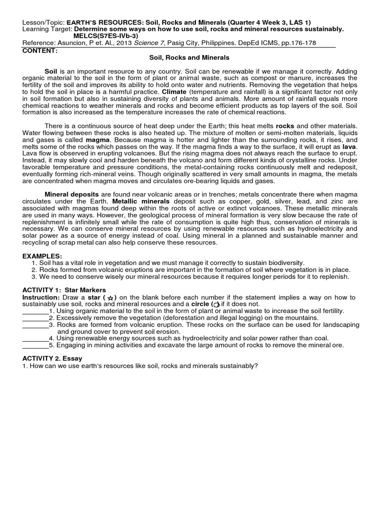 Q4 WEEK 3 LAS 1 Earths Resources Soil Rocks and Minerals | PDF | Soil ...