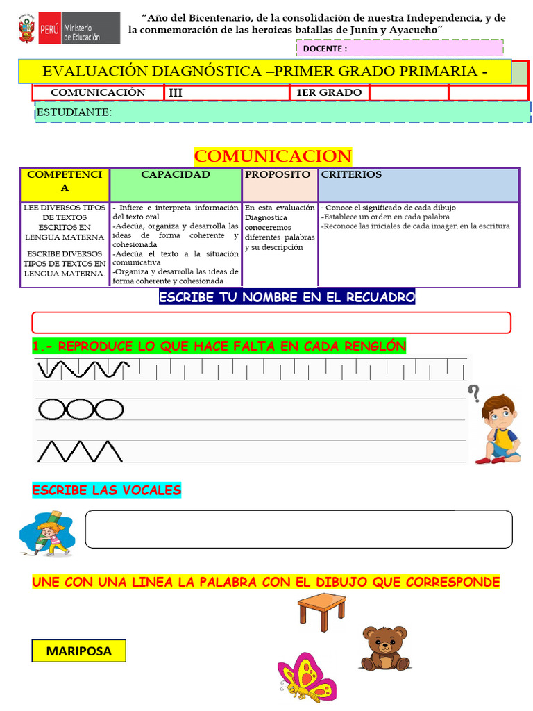 Evaluacion Diagnostica 1ero Grado Primaria 2024 | PDF | Evaluación | Color