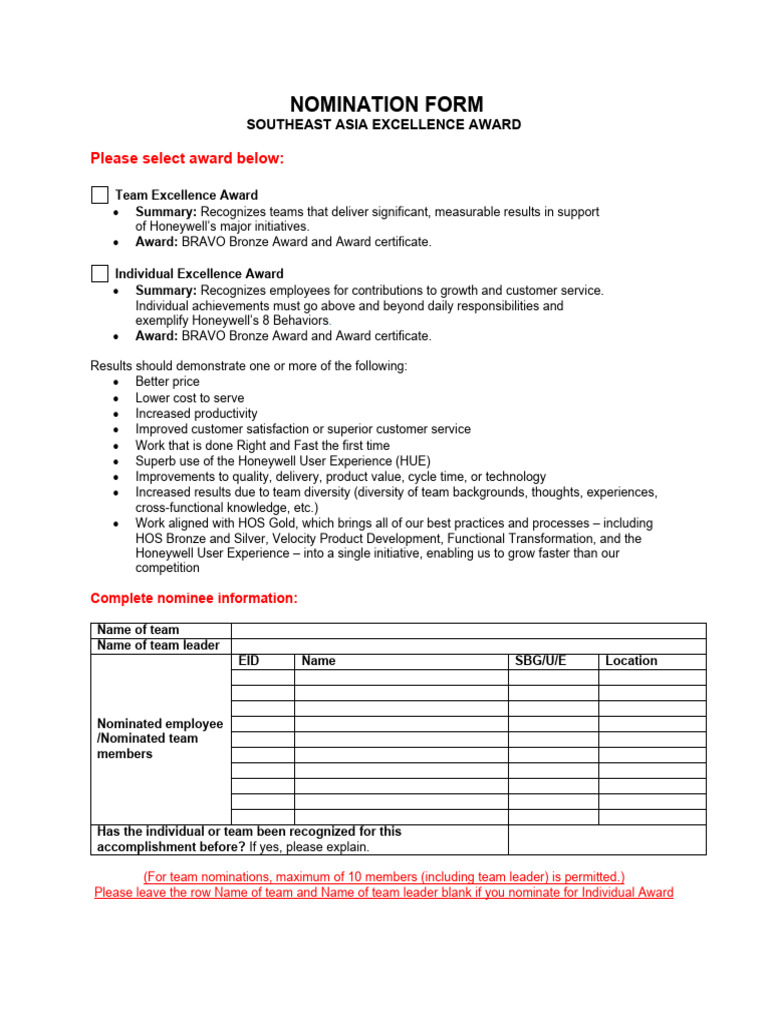 Nomination Form Sea Excellence Award | PDF | Business | Economies