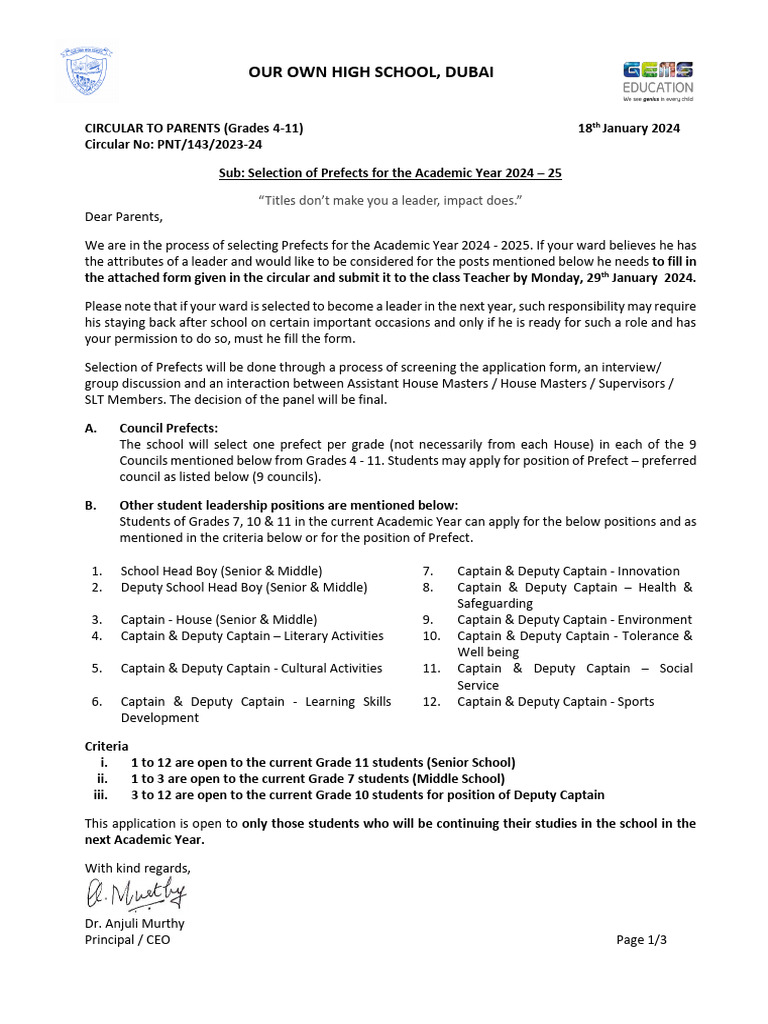 Prefect Selection for 2024-25 | PDF | Learning | Cognition